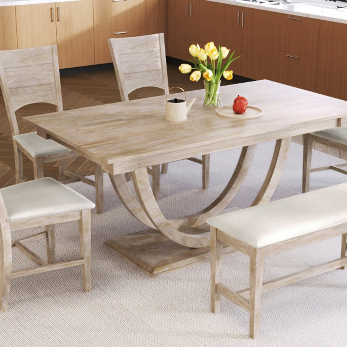 TOPMAX 6-Piece Wood Half Round Dining Table Set With Long Bench & 4 Ch ...